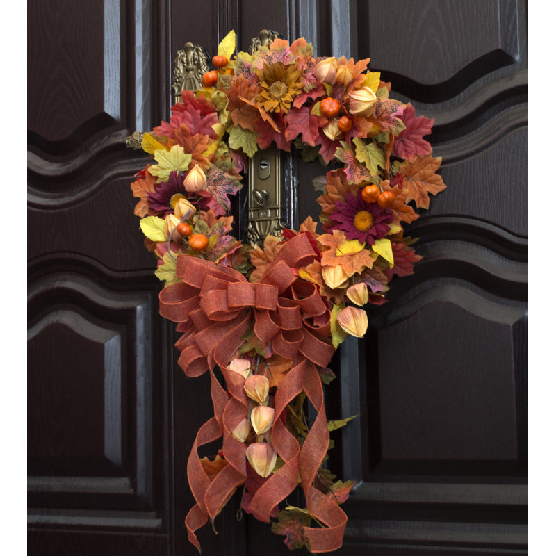 Abbie Home Ansuma 23" Orange Handmade Fall Winter Gerbera & Maple Leaf Wreath | Wayfair